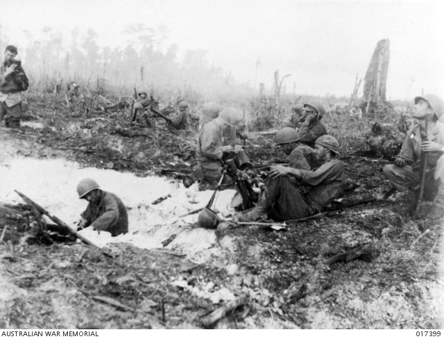 Noemfoor Island, Dutch New Guinea. A trench mortar is placed in ...