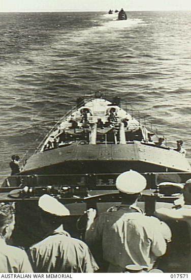 At Sea, New Guinea. From HMAS Warramunga, Allied destroyers manoeuvring ...