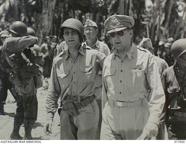 US General MacArthur chatting with Colonel Larry Lehrbas after the ...