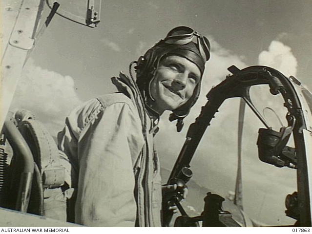 Leyte Island, Philippines. Sitting in the cockpit Captain William Drier ...