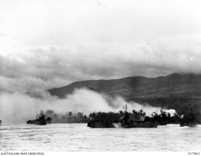 Ormoc Bay, Philippines. Landing craft laden with US Attack troops ...
