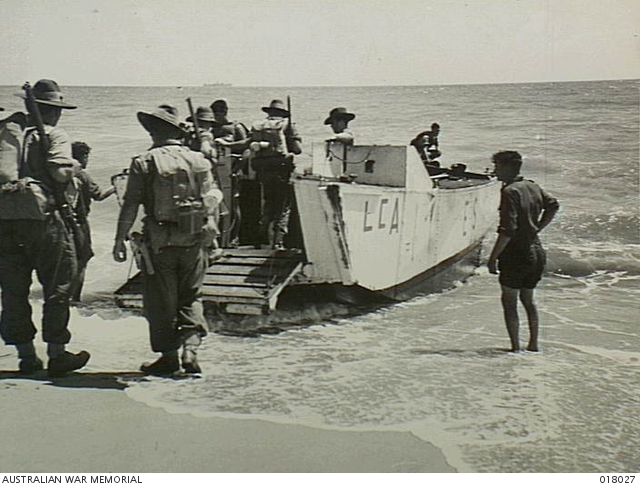 Queensland. LCA (landing craft, assault) boat manned by Royal Marines are co-operating with AIF ...
