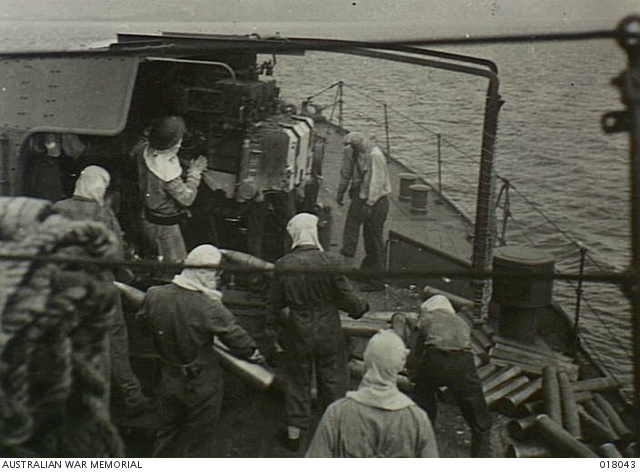 Netherlands East Indies. Members of the crew on the sloop HMAS Swan ...