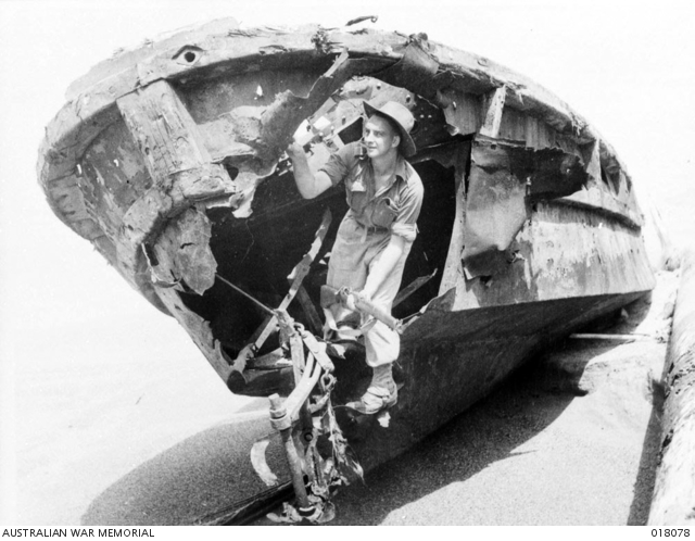 Aitape, New Guinea. Wrecked by RAAF aircraft, this Japanese barge was ...