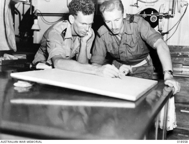 At Sea, Borneo. 1945. In the Chart Room of HMAS Lachlan where new ...