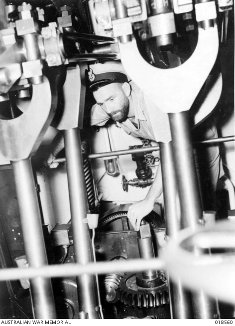 At Sea, Borneo. 1945. Powerful engines of HMAS Lachlan, survey ship of ...