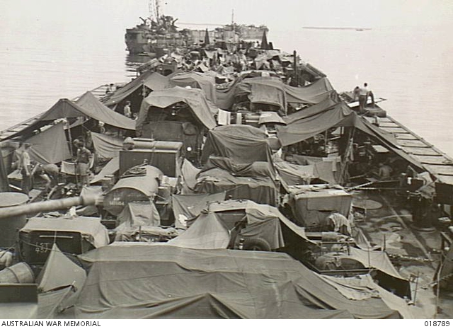 Aboard landing ship, tank (LST) 457 which transported Australian troops ...