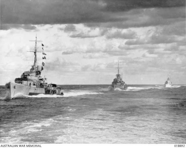 Destroyers of the RAN cruising in formation. Left to right: HMAS Napier ...