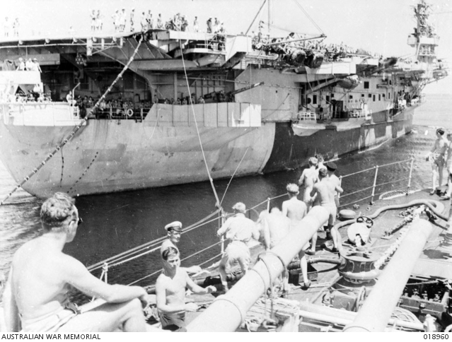 Pacific Ocean. 1945. An Australian destroyer, HMAS Nizam (foreground ...