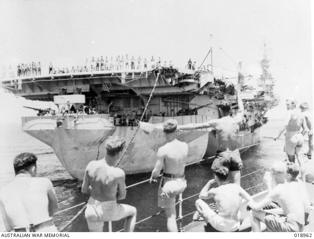 Pacific Ocean. 1945. An Australian destroyer (foreground) being ...