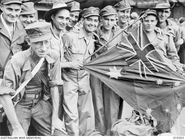 Released prisoners of war (POWs) who have just arrived at the railway ...