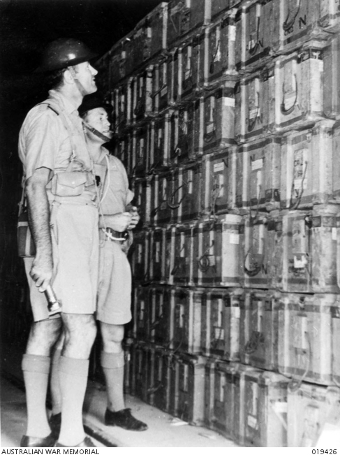 Japan. c. 1945. In an underground powder magazine, hundreds of cases of ...