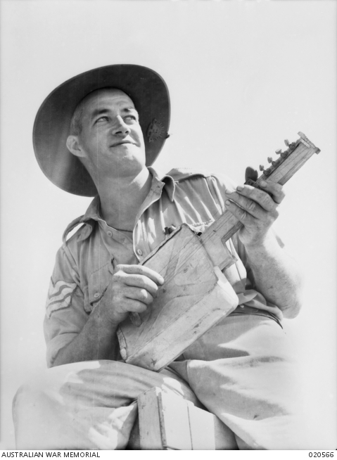 Sergeant Leo Jones of the 2/23rd Infantry Battalion with his improvised ...