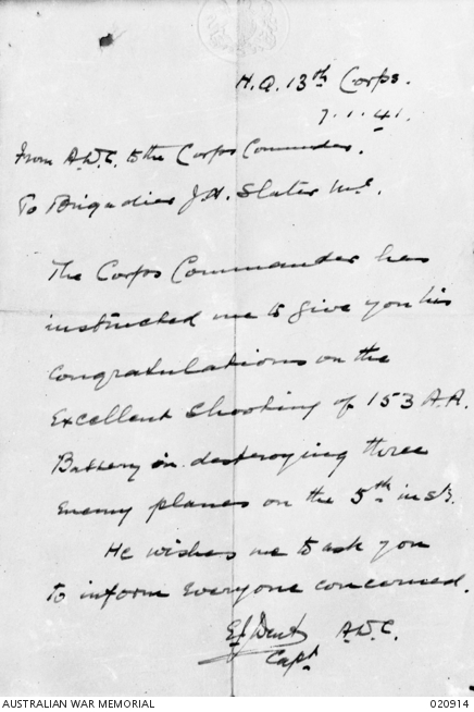 Copy of a letter of appreciation sent to personnel of No. 153 Anti ...