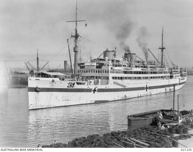 The Hospital Ship “Wanganella” departing from Port Tewfik, Suez, with a ...