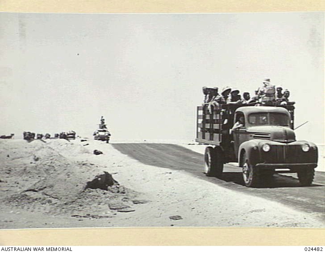 GENERAL VIEW OF CONVOY OF TRUCKS CONVEYING ITALIAN PRISONERS OF WAR TO ...