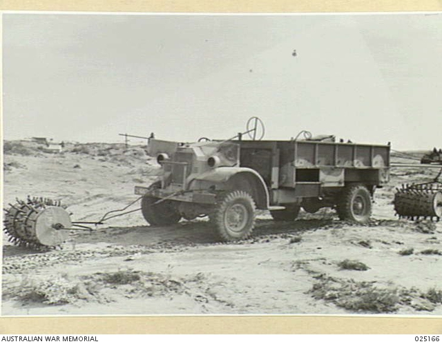 WESTERN DESERT, EGYPT. 1942-10. ANTI-MINE ROLLERS FITTED TO TRUCK ...