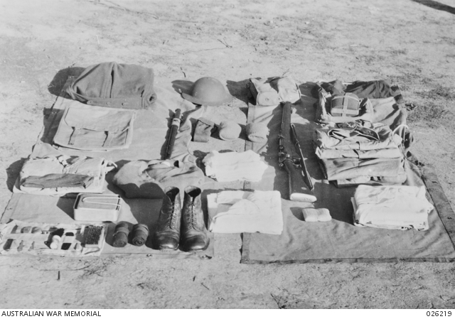 Watsonia Camp, Victoria. C. 1942-07. The equipment and personal kit of ...