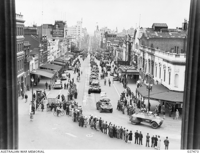 MELBOURNE, AUSTRALIA. 1942-11-11. ARMOURED CARS TAKING PART IN THE ...