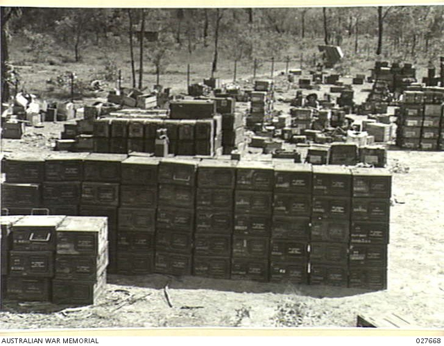 ADELAIDE RIVER, N.T. AUSTRALIA. 1942-10-28. EMPTY AMMUNITION BOXES AND ...