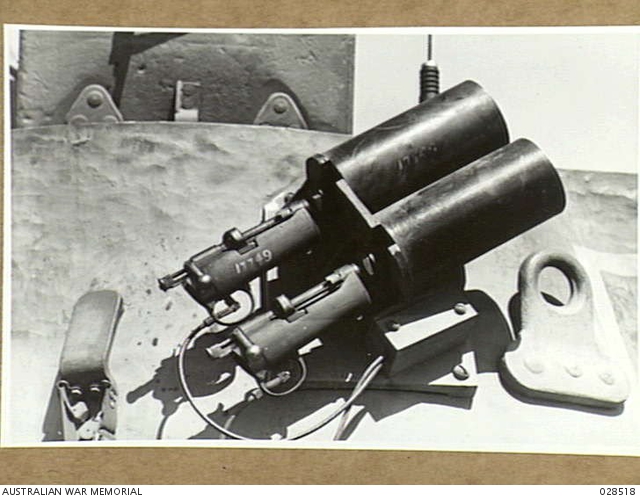 SINGLETON, NSW. 1943-01. A SMOKESHELL DISCHARGER FITTED TO A MATILDA ...