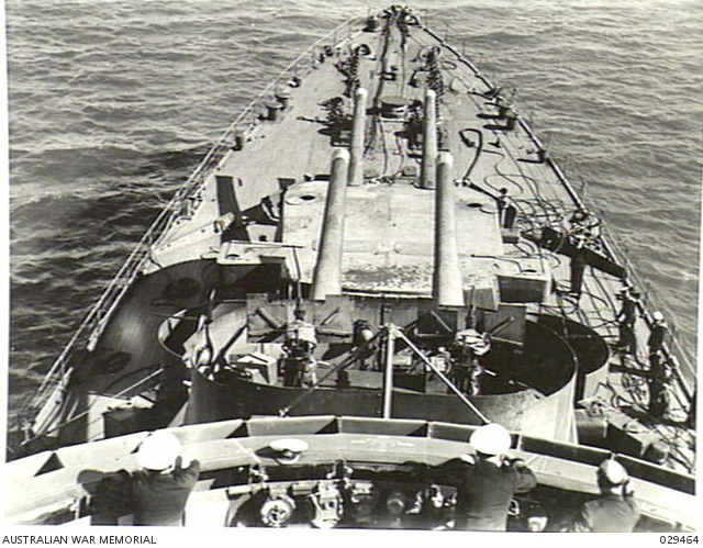 HMAS AUSTRALIA, AT SEA. 1943-02. LOOKING TOWARD THE BOW OF THE ...