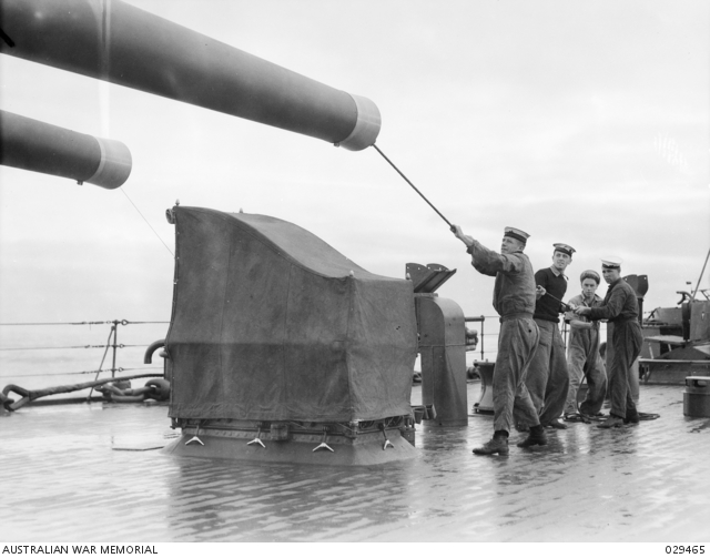 HMAS AUSTRALIA, AT SEA. 1943-02. MEMBERS OF THE CREW OF THE "AUSTRALIA ...