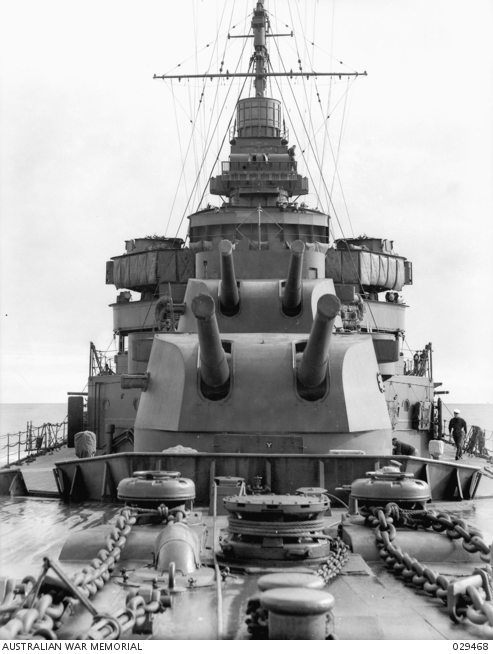 View of HMAS Australia from the deck, looking aft from the bows ...
