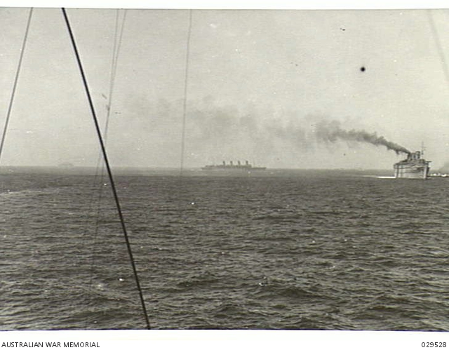 HMAS AUSTRALIA, AT SEA. 1943-02. THE TROOPSHIPS "ILE DE FRANCE" (ON ...