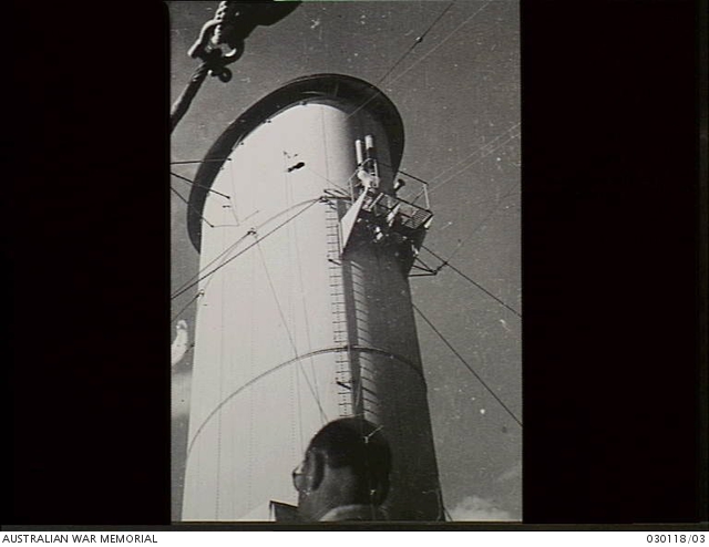 His Majesty's Transport (HMT) Orcades, at Sea. 2 March 1942. The funnel ...