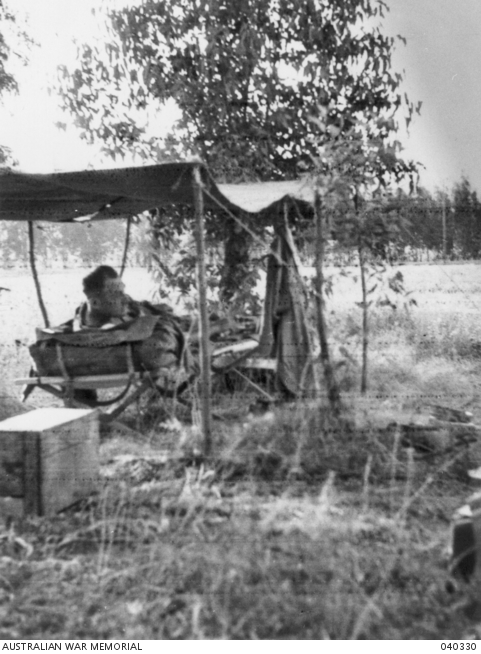 Affula, Palestine. 1941-05-28. A bivouac under gum trees in the lying ...