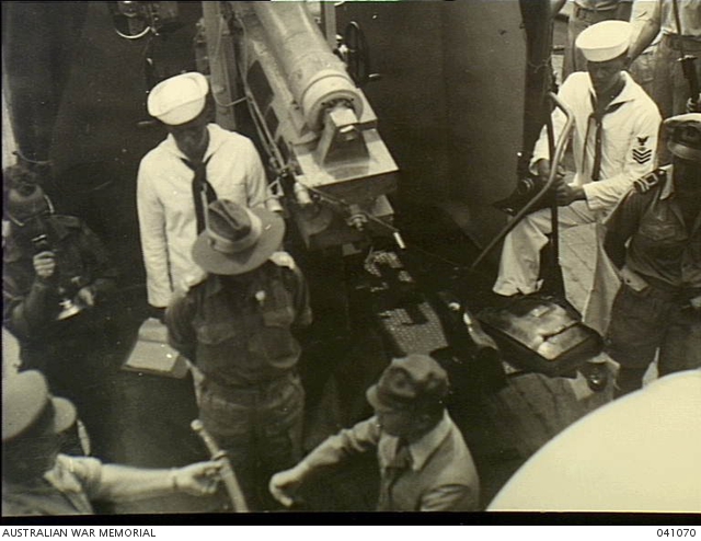 Kuching, Borneo. 1945-09. Aboard HMAS Kapunda Japanese General Yamamura ...