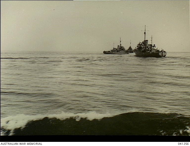 At Sea. c. 1944. Three Australian corvettes manoeuvring near HMAS ...