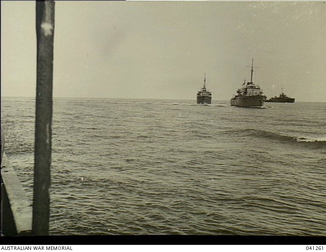 At Sea. c. 1944. Three Australian corvettes manoeuvring near HMAS ...