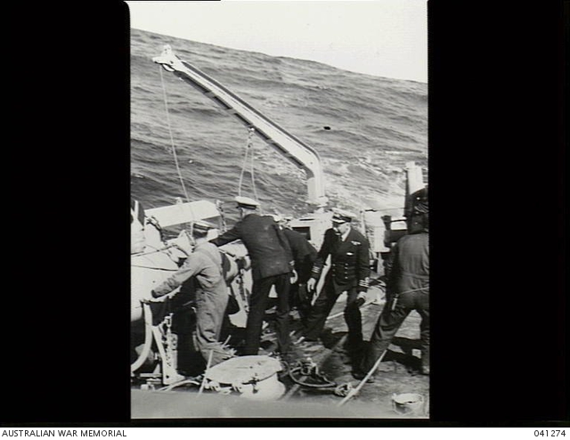 At Sea off Sydney. c. 1940. A scene on the deck of corvette HMAS Broome ...