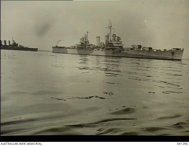 Two warships off the coast of Biak Island (background), Dutch New ...