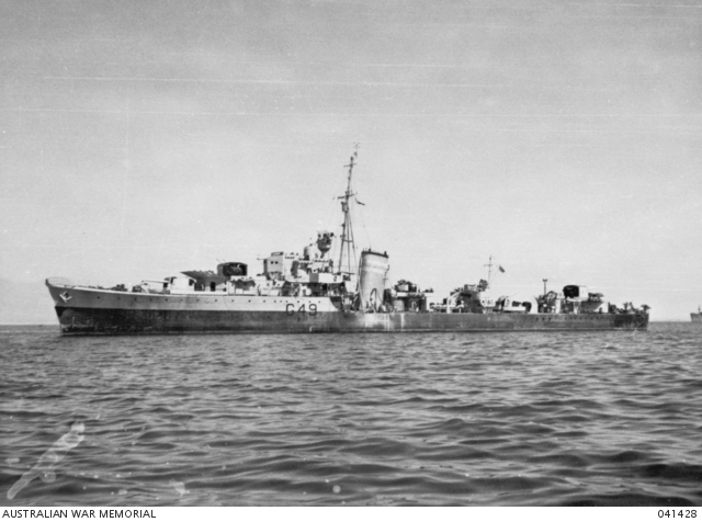 Australian Navy destroyer HMAS Norman at anchor. | Australian War Memorial