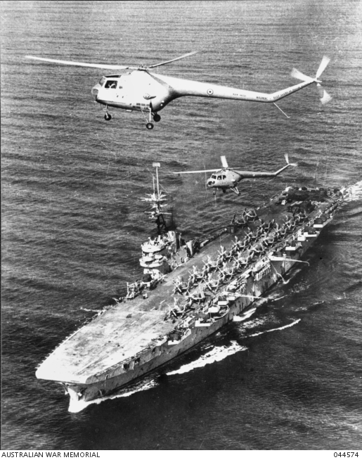 In Australian waters. Two Bristol Sycamore type 171 helicopters hover ...