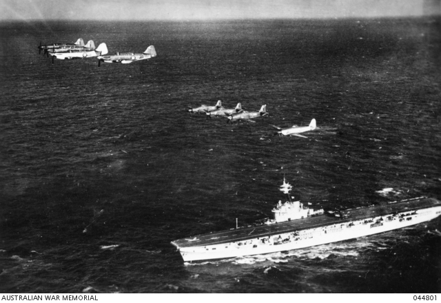 AIRCRAFT CARRIER HMAS SYDNEY WITH FAIREY FIREFLY AND HAWKER SEA FURY ...