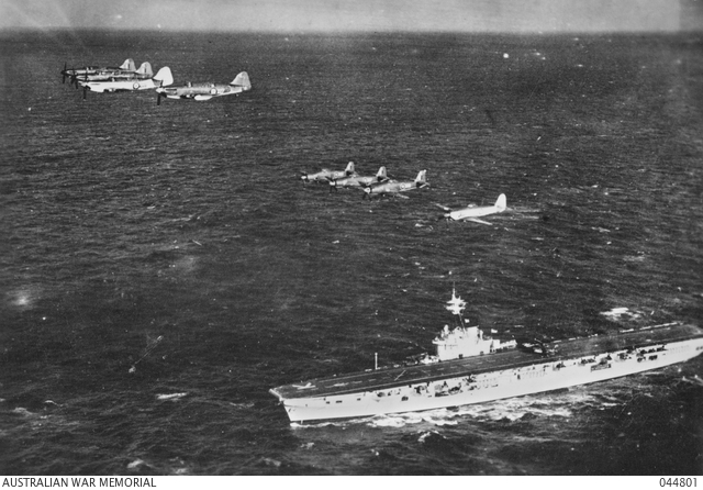 AIRCRAFT CARRIER HMAS SYDNEY WITH FAIREY FIREFLY AND HAWKER SEA FURY ...