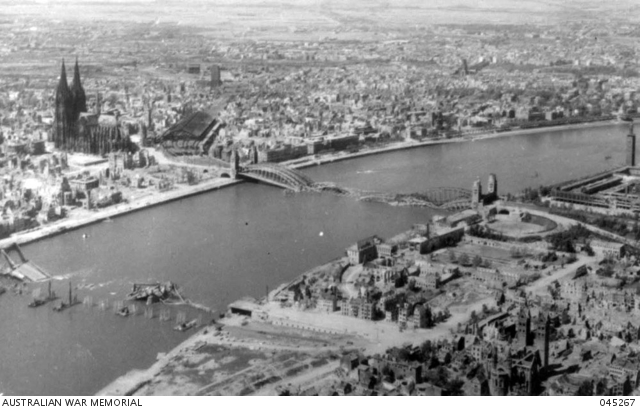 Cologne, Germany, showing the cathedral and destroyed bridges over the ...