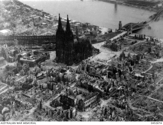 Cologne, Germany, showing the cathedral and a destroyed bridge over the ...
