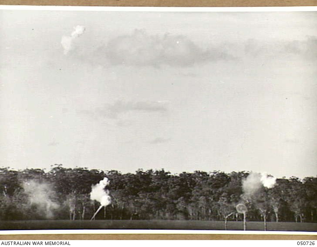 GRAFTON, AUSTRALIA. 1943-04. GAS SHELLS BURSTING NEAR LAKE HIAWATHA ...