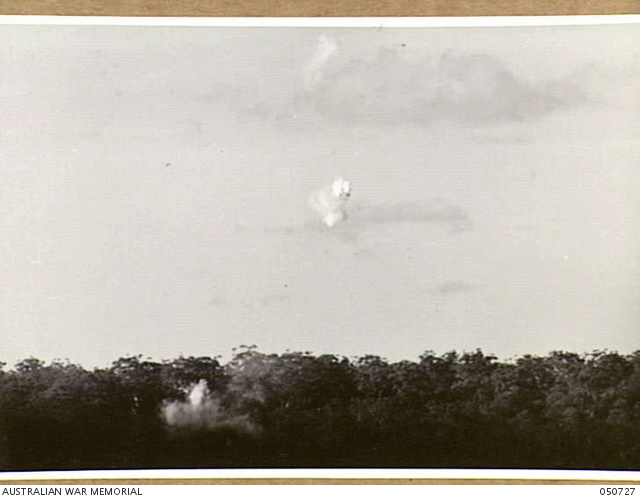 GRAFTON, AUSTRALIA. 1943-04. GAS SHELLS BURSTING NEAR LAKE HIAWATHA ...