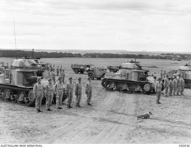 MINGENEW, WA. 1943-04-18. TANK PARADE OF DIVISIONAL HEADQUARTERS ...