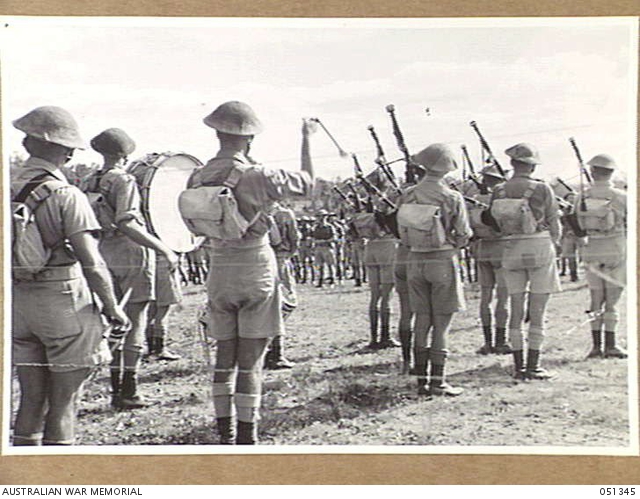 CHIDLOW, WA. 1943-04-16. THE PIPERS OF THE 2ND AUSTRALIAN DIVISION PIPE ...