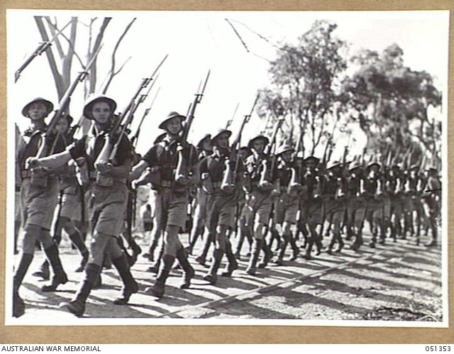 CHIDLOW, WA. 1943-04-16. TROOPS OF THE 2ND AUSTRALIAN DIVISION PASSING ...