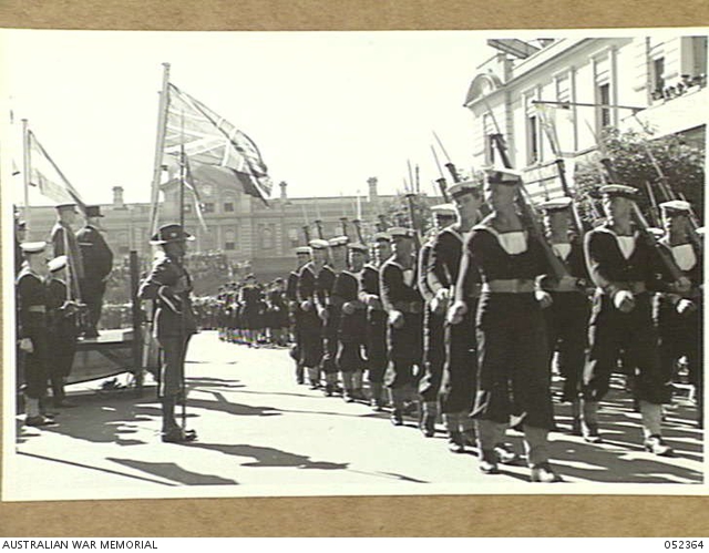 PERTH, WA. 1943-06-14. RAN PERSONNEL MARCH PAST THE SALUTING BASE AS ...
