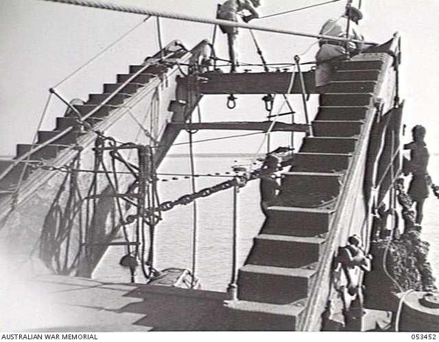 DARWIN, NT. 1943-07-06. VIEW OF BOOM WORKING VESSEL, HMAS "KOALA". WEED ...