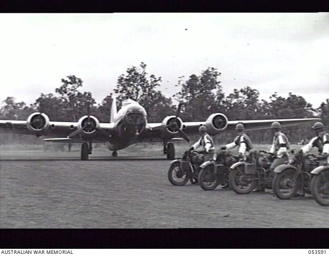 MAREEBA, QLD. 1943-07-05. GENERAL MACARTHUR'S AIRCRAFT TAXIING INTO ...